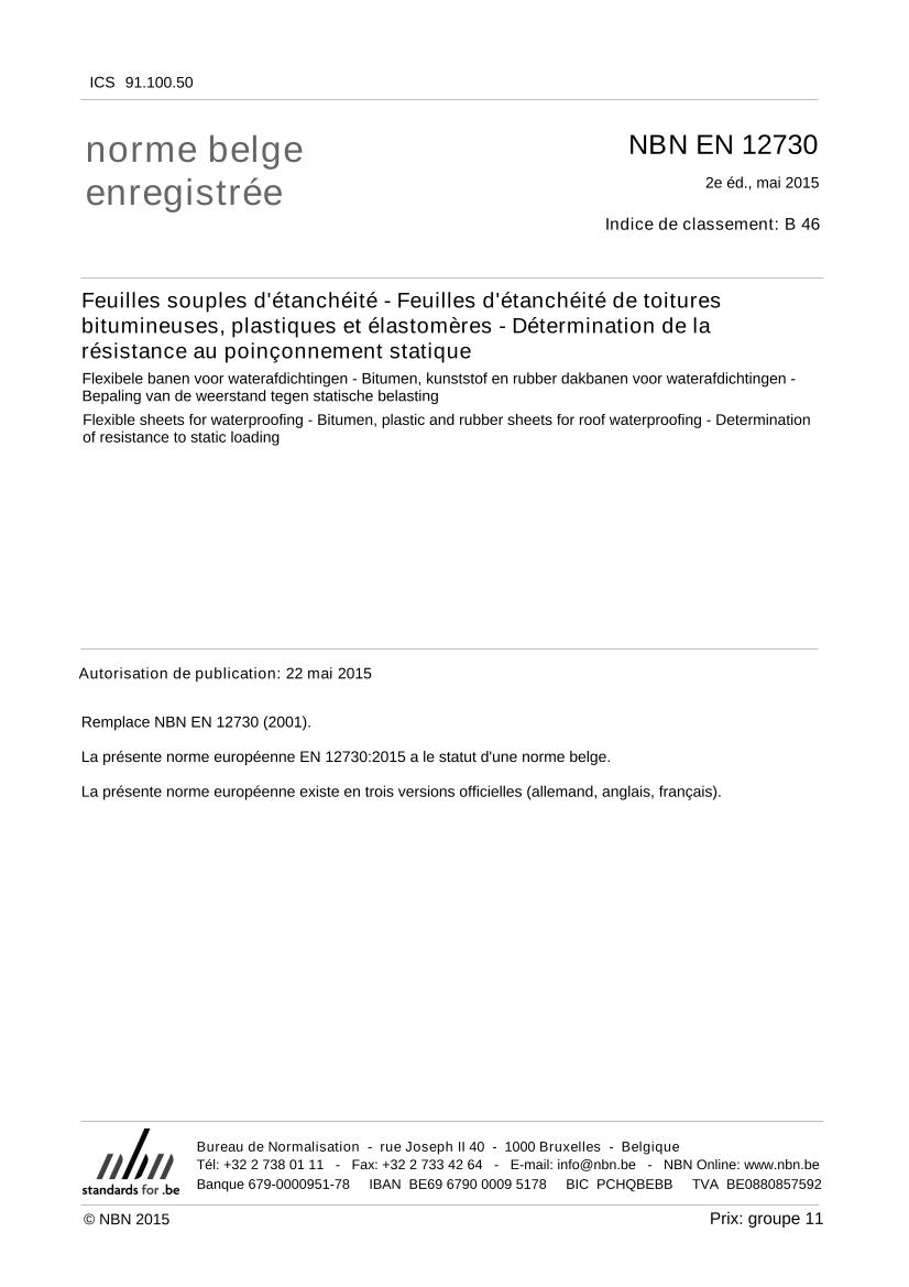 NBN EN 12730 : Feuilles souples d'étanchéité - Feuilles d'étanchéité de ...
